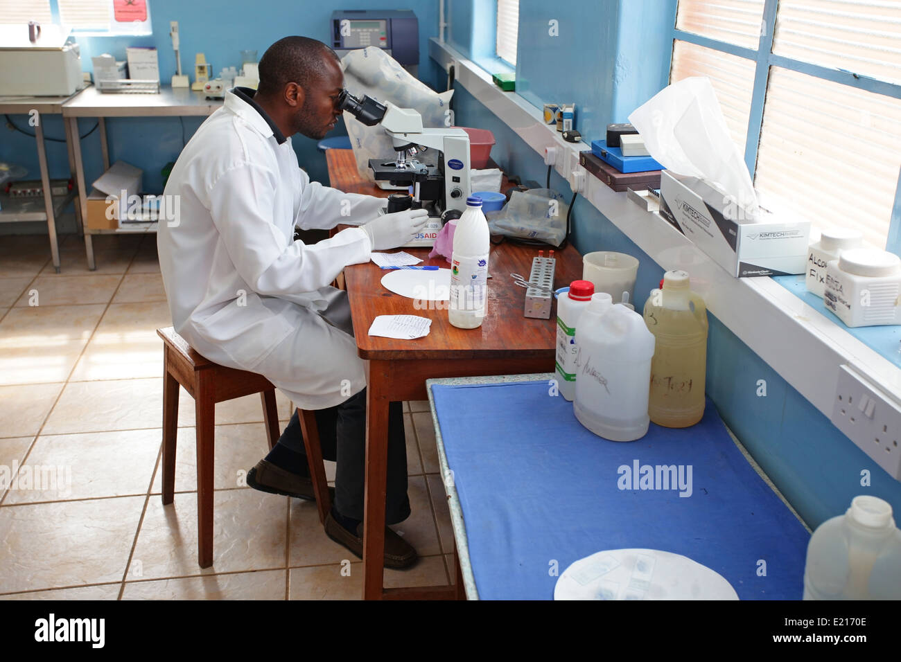 An African doctor studies slides through a medical microscope Stock ...
