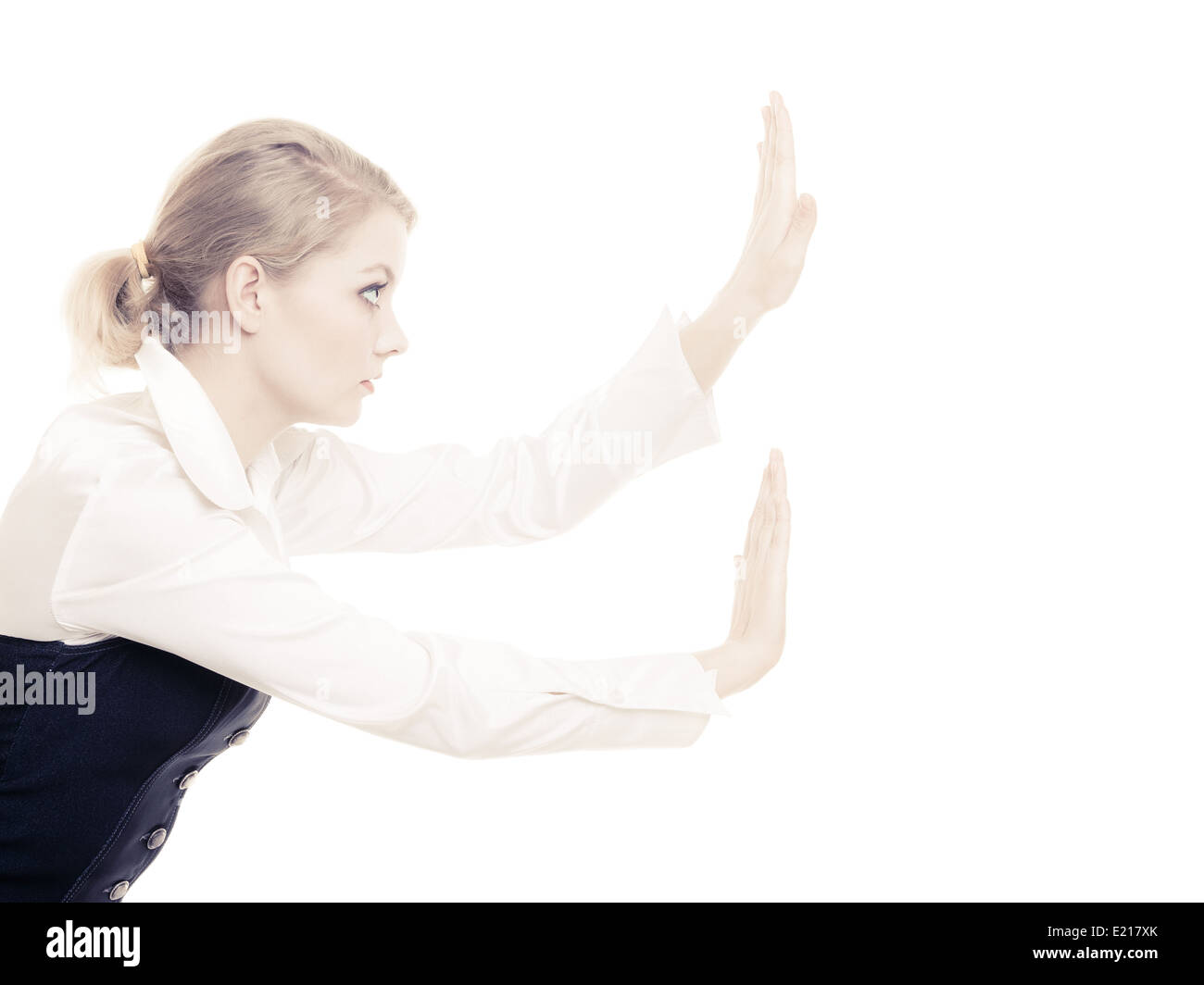 Businesswoman pushing away blank copy space Stock Photo - Alamy