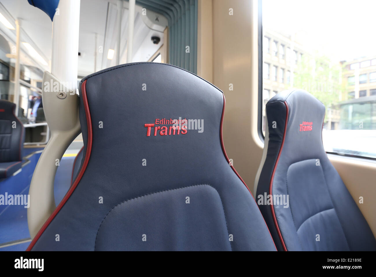 The logo for Edinburgh Trams on a seat in a tram in Edinburgh city ...