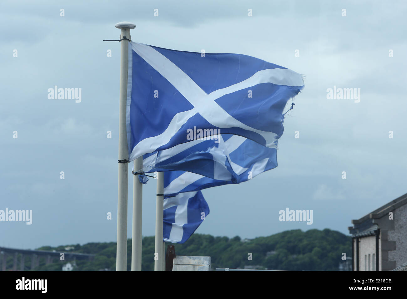Scottish flags above a building in Edinburgh, Scotland during the build ...