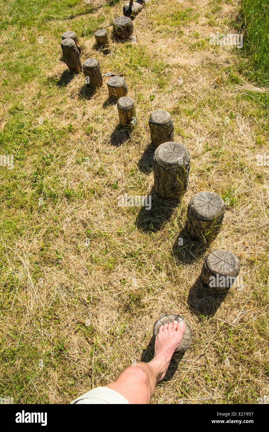 Balancing With Cautious Steps Over Wooden Obstacles Stock Photo - Alamy
