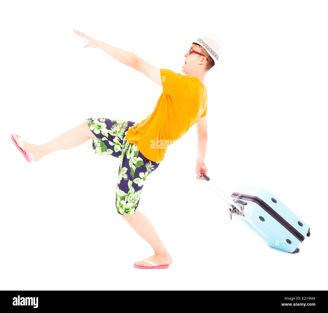 funny young backpacker pulling a baggage to travel worldwide Stock ...