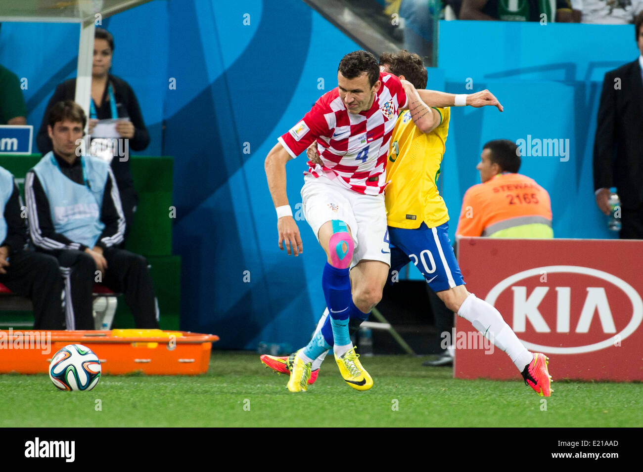 Sao Paulo, Brazil. 12th June, 2014. Ivan Perisic (CRO), Bernard (BRA ...