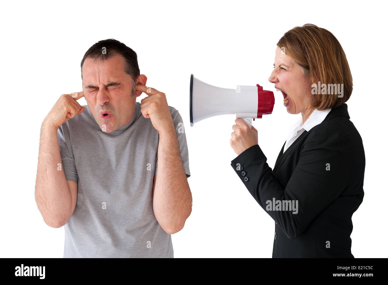 male employee being yelled at by female manager on white Stock Photo ...