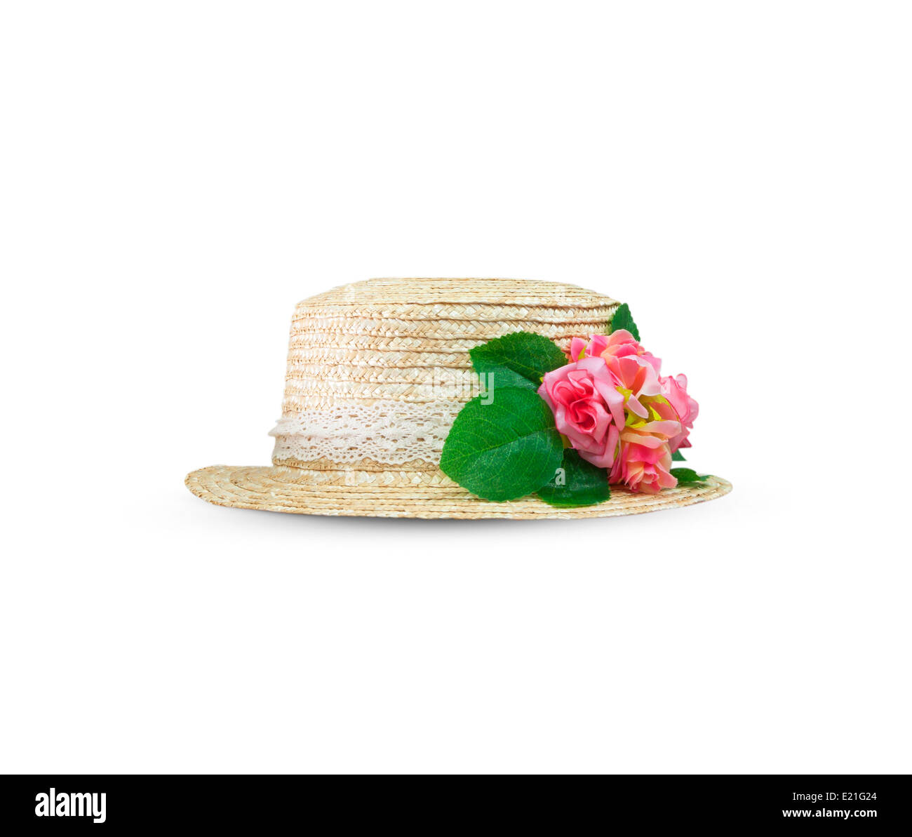 Pretty straw hat with flower on white background Stock Photo - Alamy