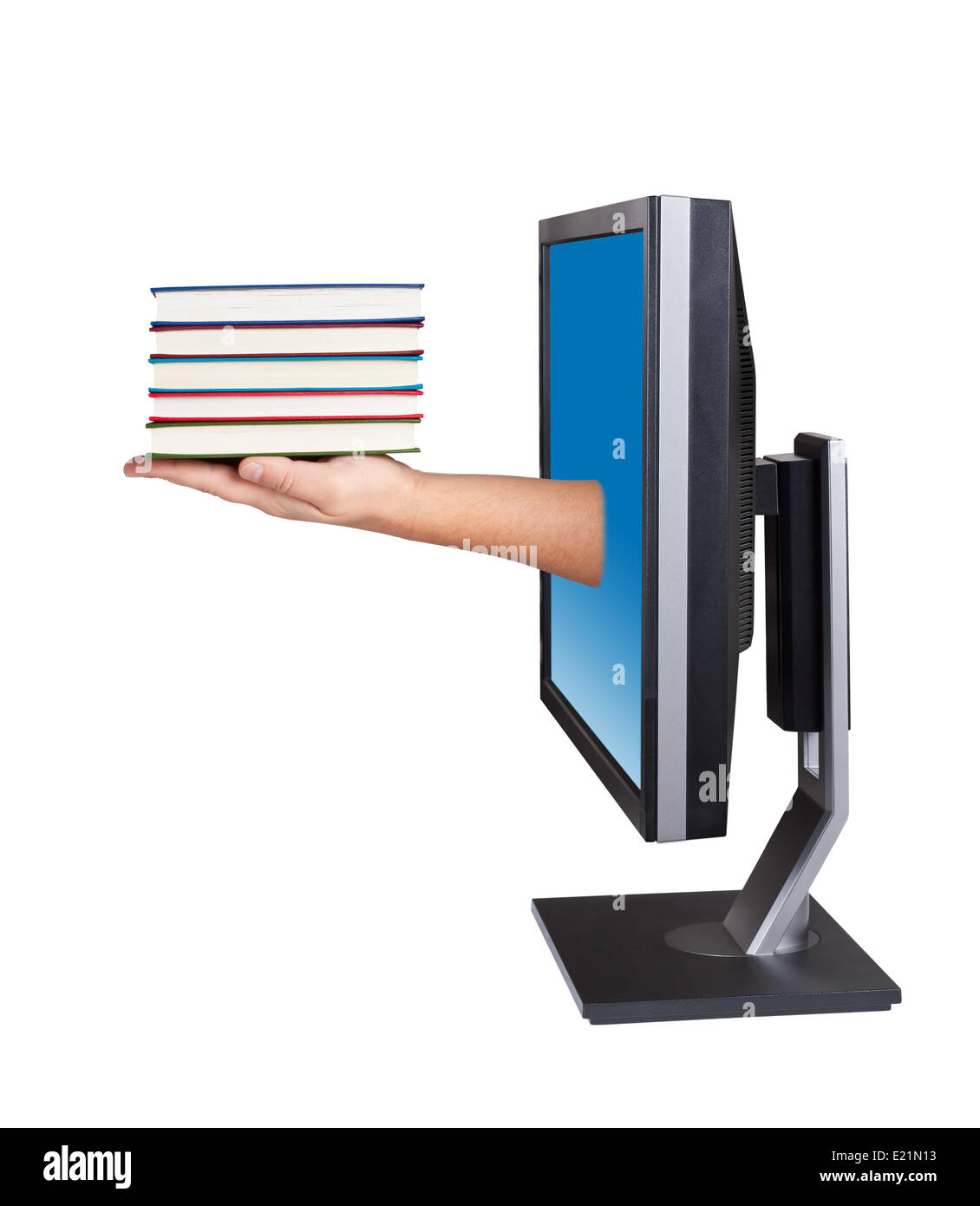Computer screen and hand with books Stock Photo - Alamy