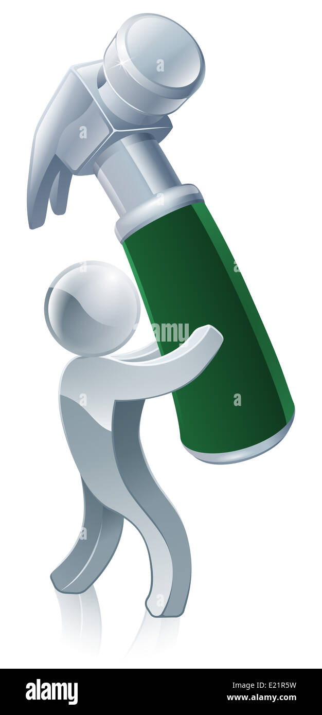 An illustration of a silver mascot man character with a big hammer ...
