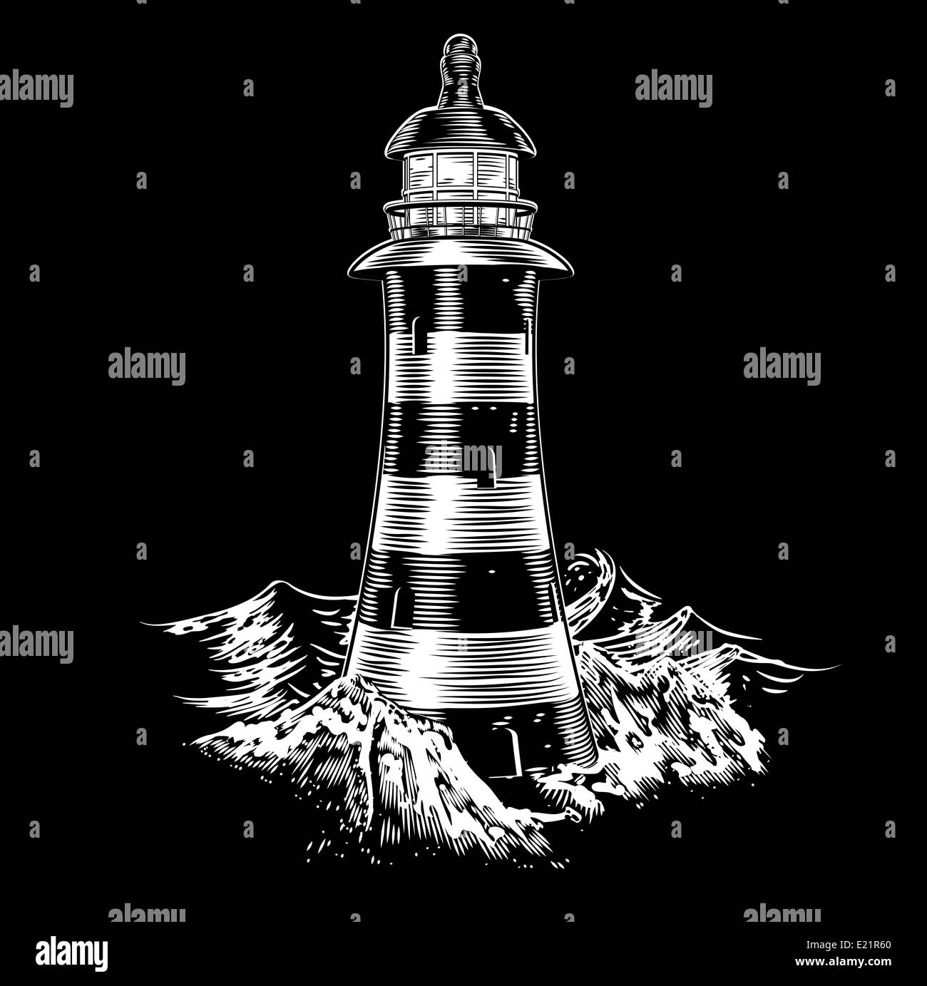 A drawing of a lighthouse at night with rough seas Stock Photo - Alamy