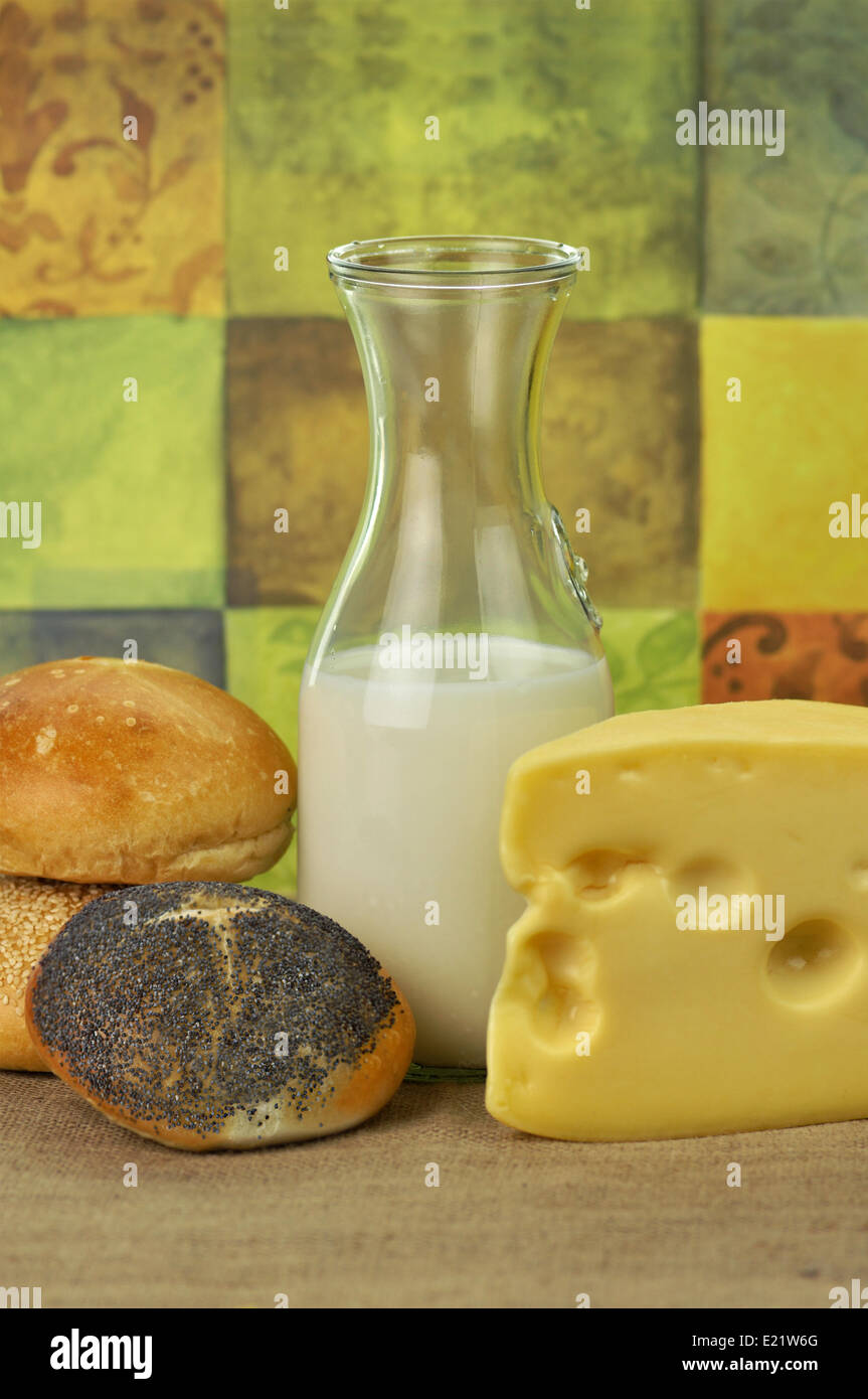 milk bottle , cheese and fresh rolls Stock Photo - Alamy