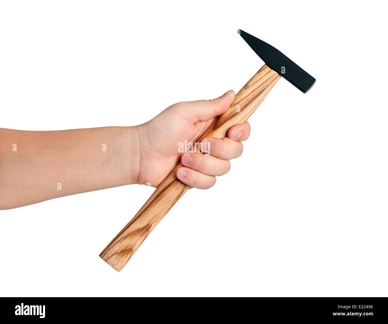 Hammer in hand isolated on white background Stock Photo - Alamy