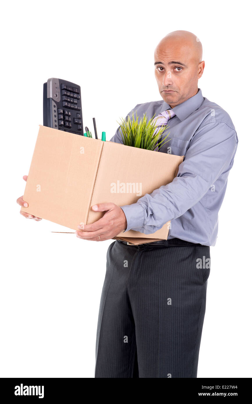 Fired worker with cardboard box with his belongings Stock Photo - Alamy