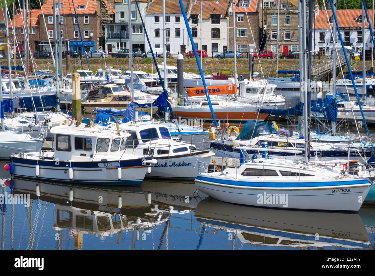 Whitby marina, in the river Esk with small pleasure craft in summer ...