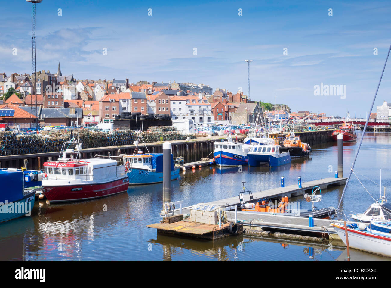 Commercial fishing boats moored at Endeavour quay Whitby Harbour, North ...