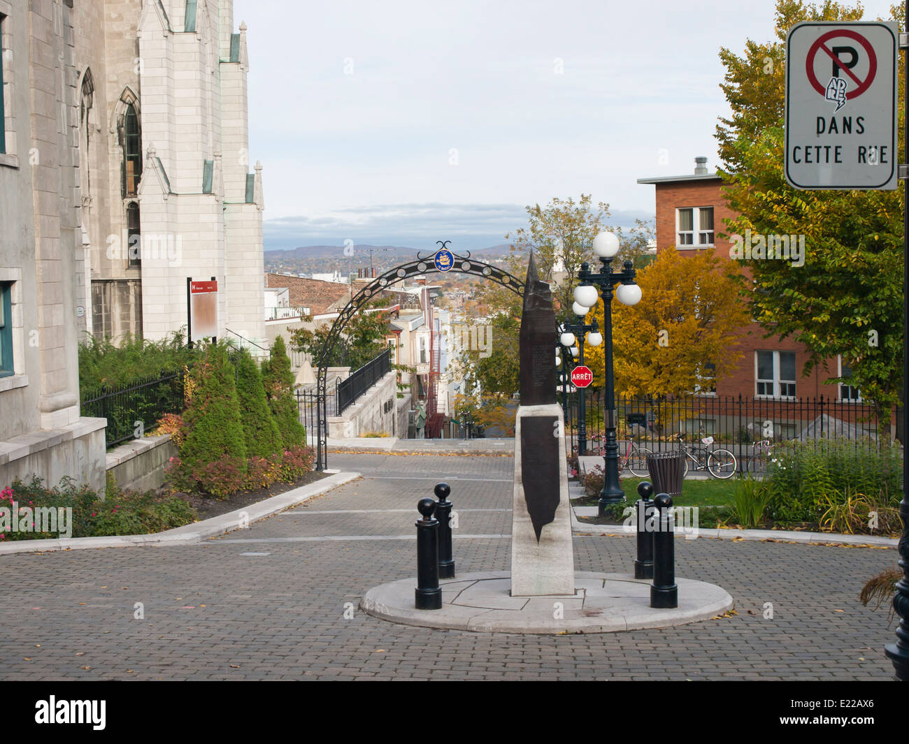 Small square and street in Old Quebec city with views of lower lying ...