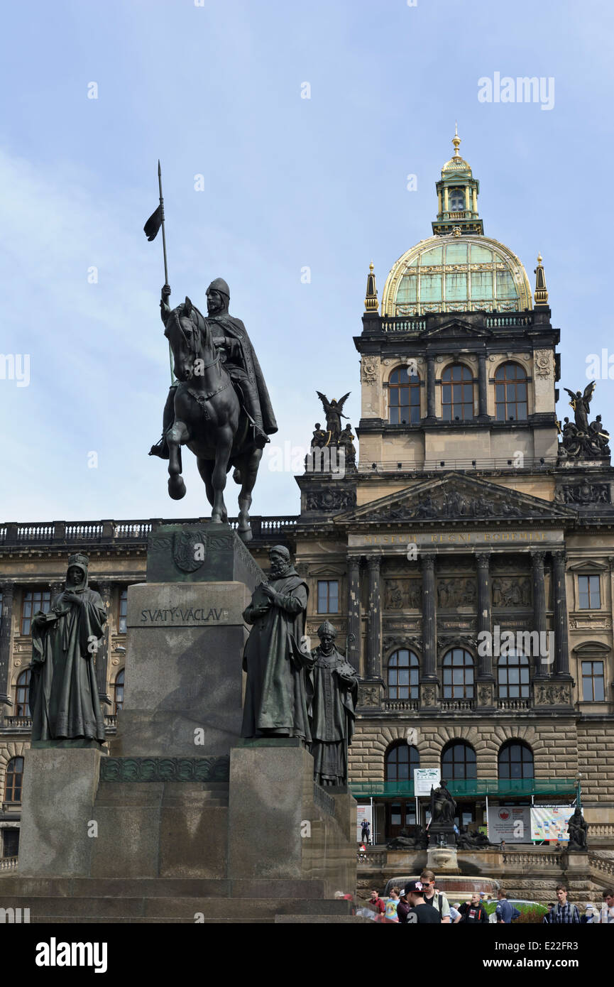St Wenceslas statue on horseback carrying a flag in front of the ...