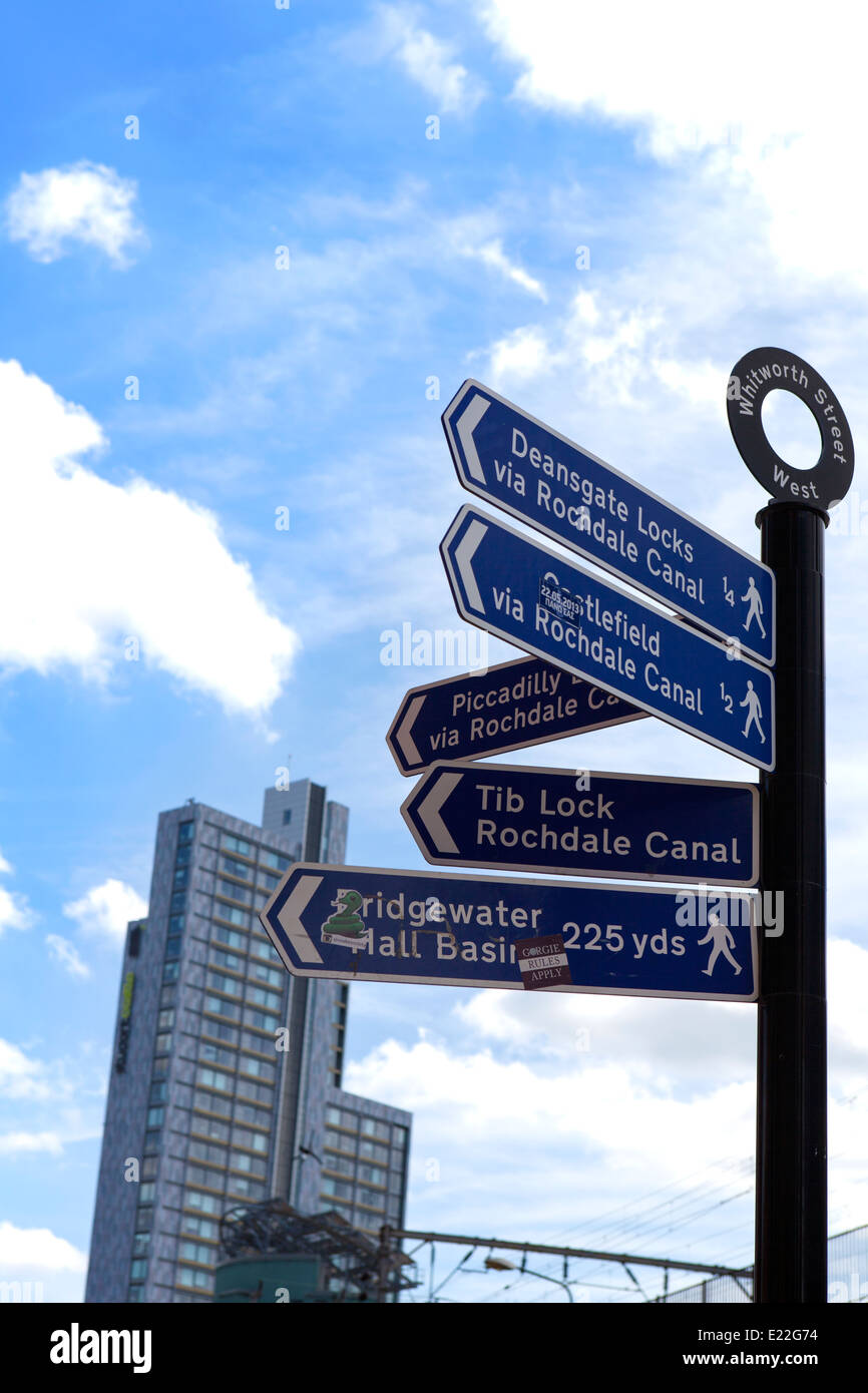 Hilton Hotel, and Finger post directional signs Manchester City centre ...