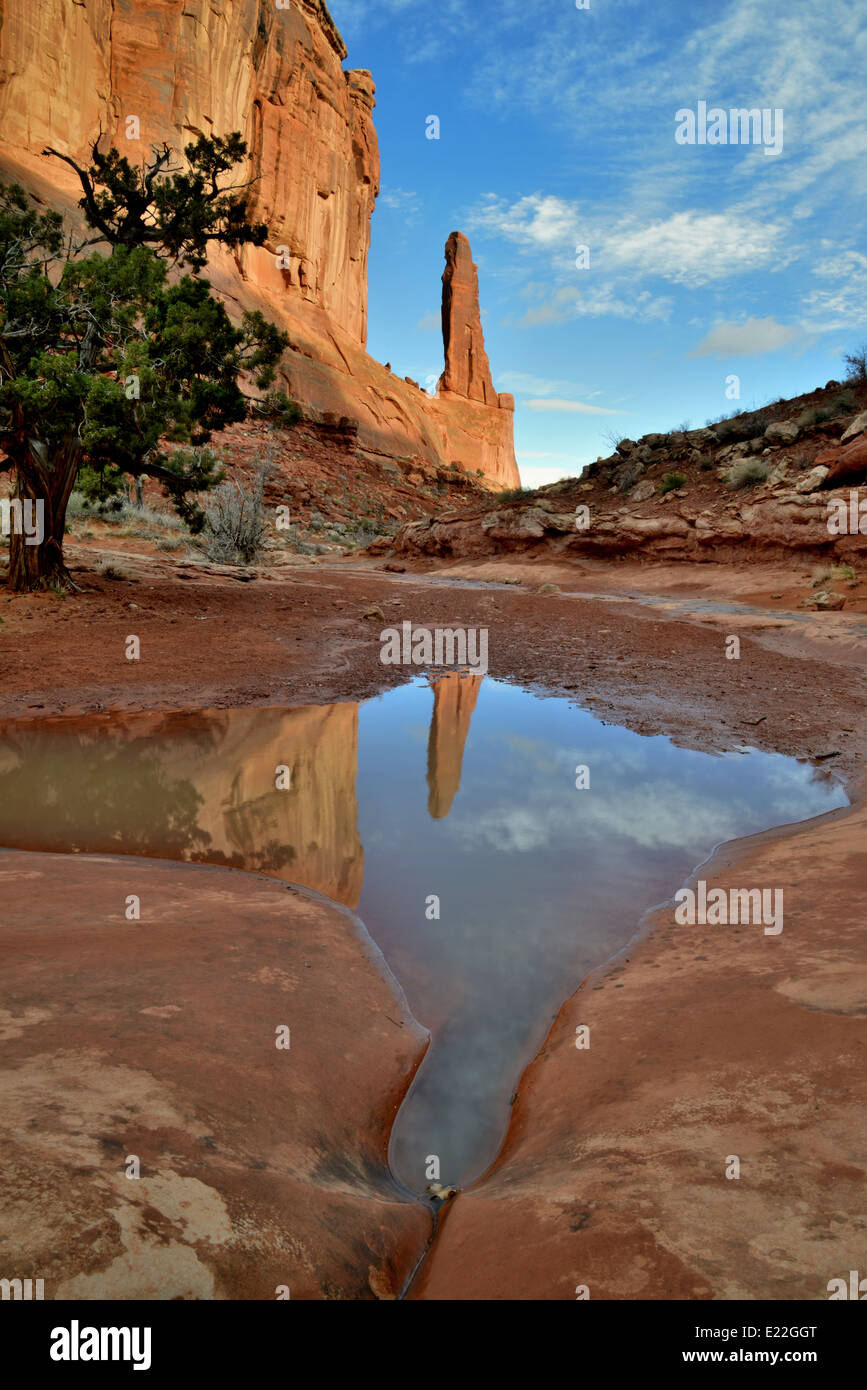 Sandstone spire reflected in pools in Courthouse Wash in Arches ...