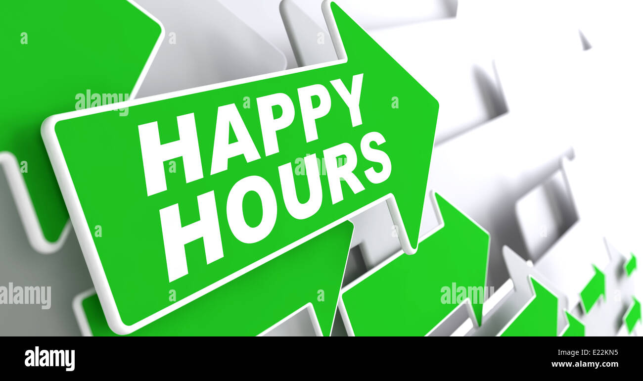 Happy Hours on Green Direction Arrow Sign Stock Photo - Alamy