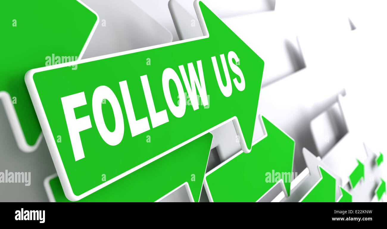 Follow Us on Green Direction Arrow Sign Stock Photo - Alamy