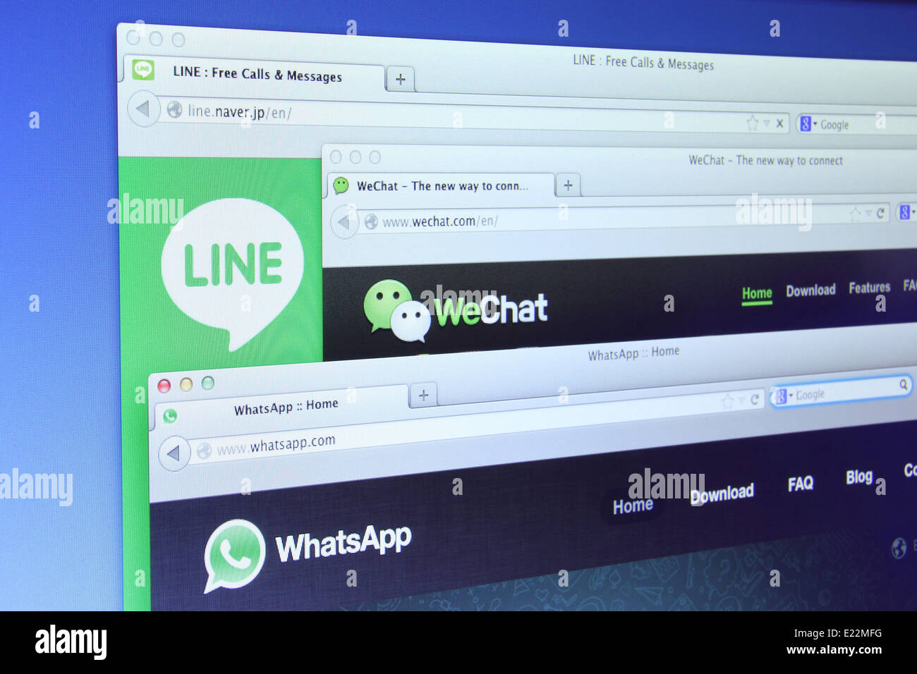 Photo of Line, WhatsApp and WeChat on a monitor screen. They are famous ...
