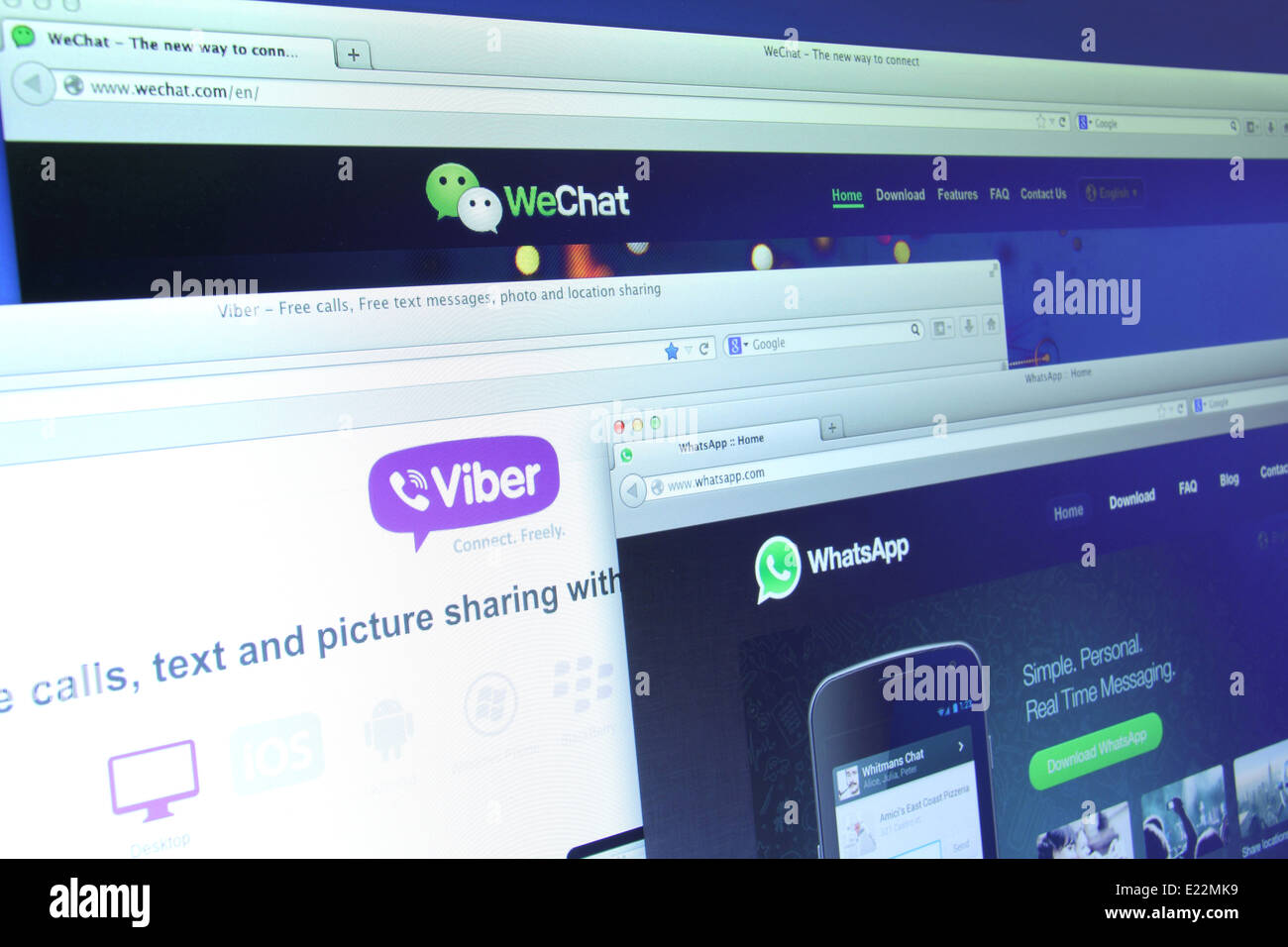 Photo of WhatsApp, WeChat and Viber on a monitor screen. They are ...