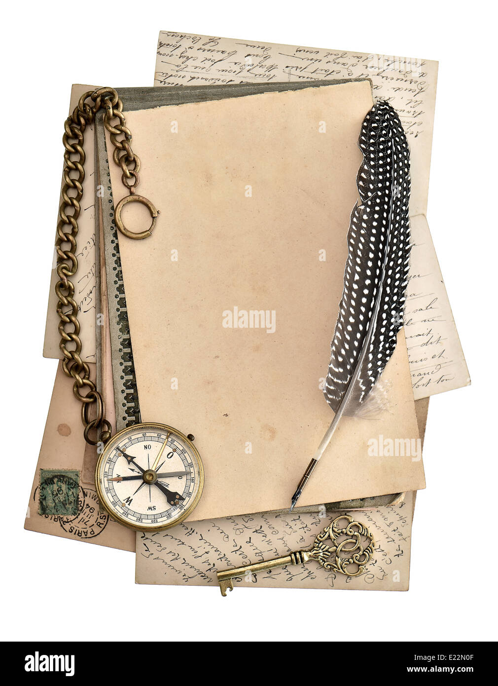 vintage papers and postcards isolated on white background. antique ...