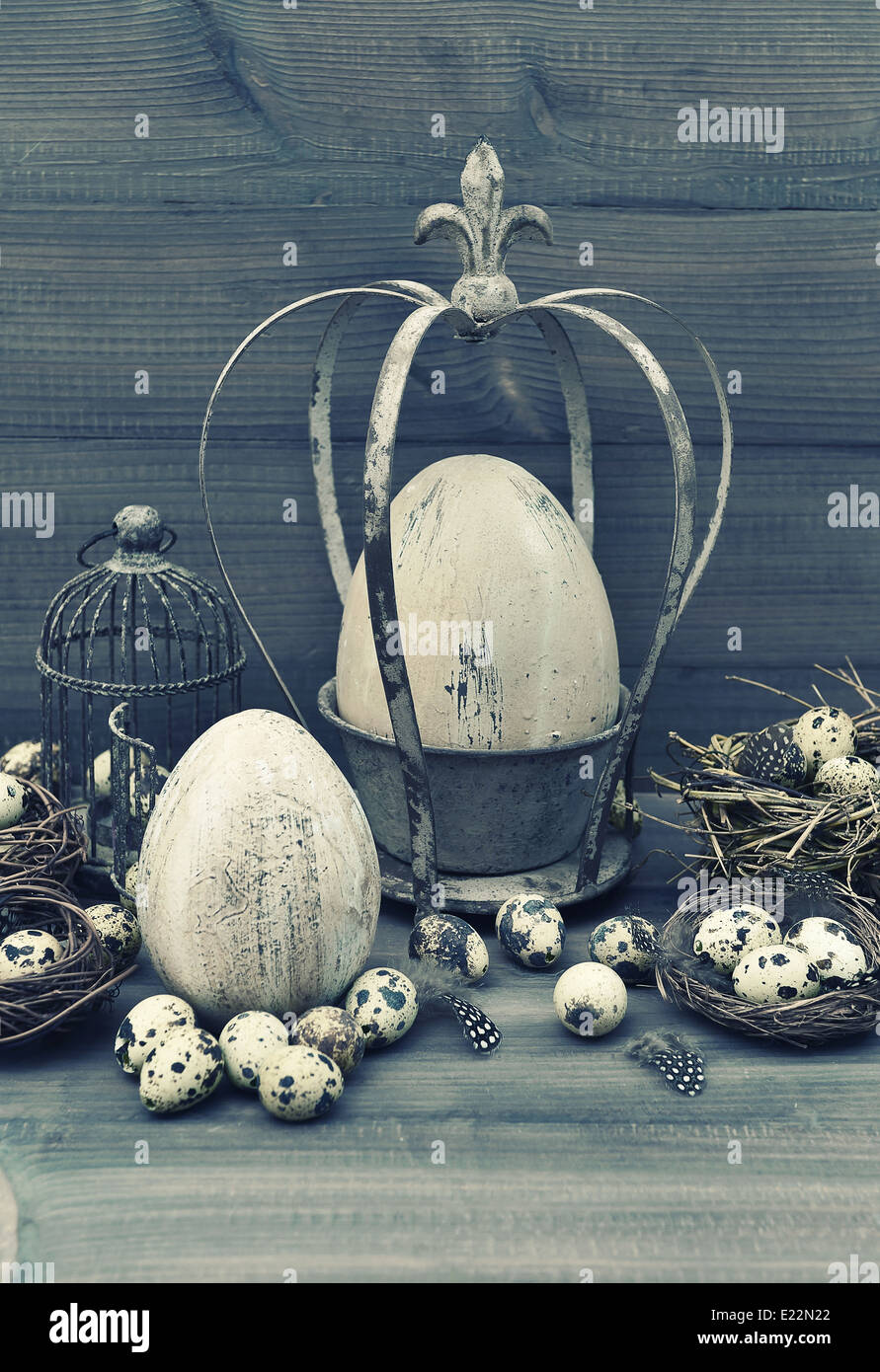 vintage easter decoration with eggs, nest and birdcage. nostalgic still ...