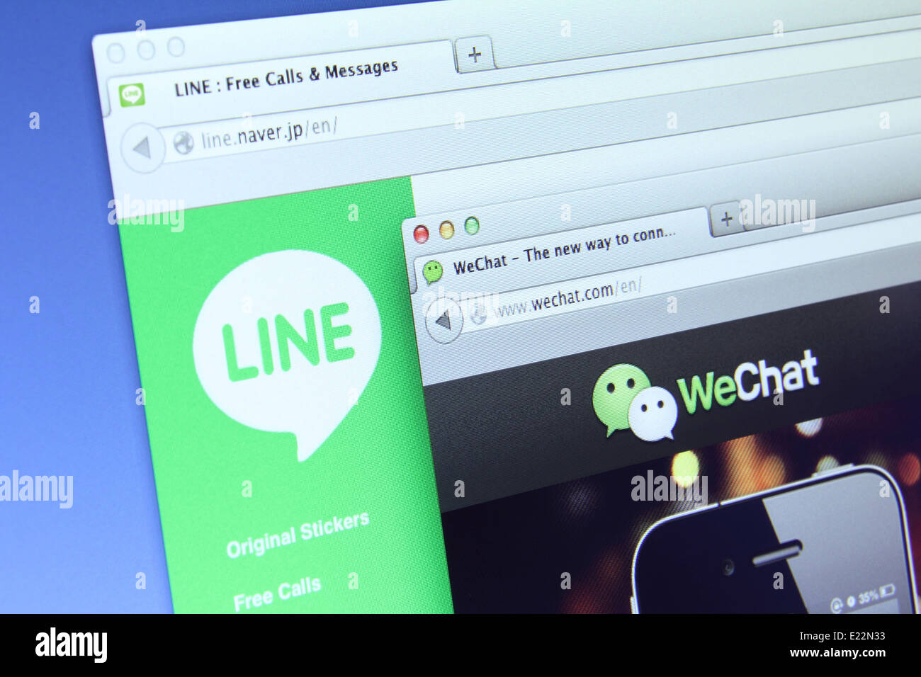 Photo of Line and WeChat on a monitor screen. They are famous instant ...