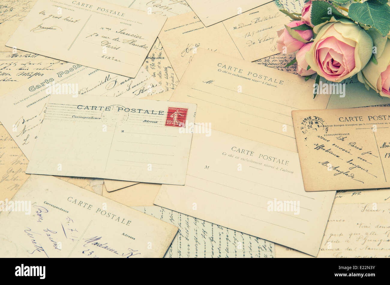 vintage postcards and soft rose flowers. nostalgic sentimental ...