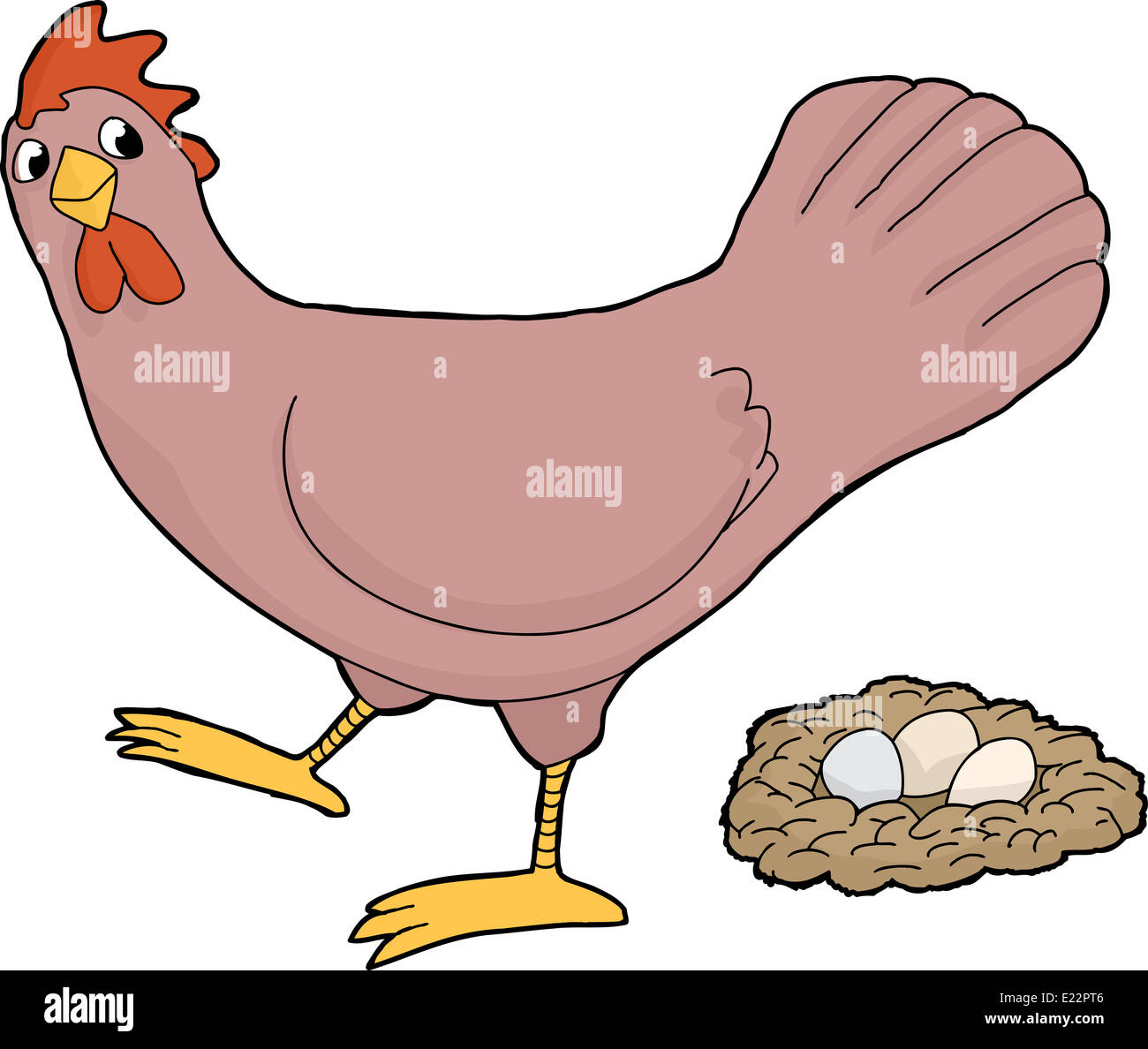 Happy cartoon hen walking by nest of eggs Stock Photo - Alamy