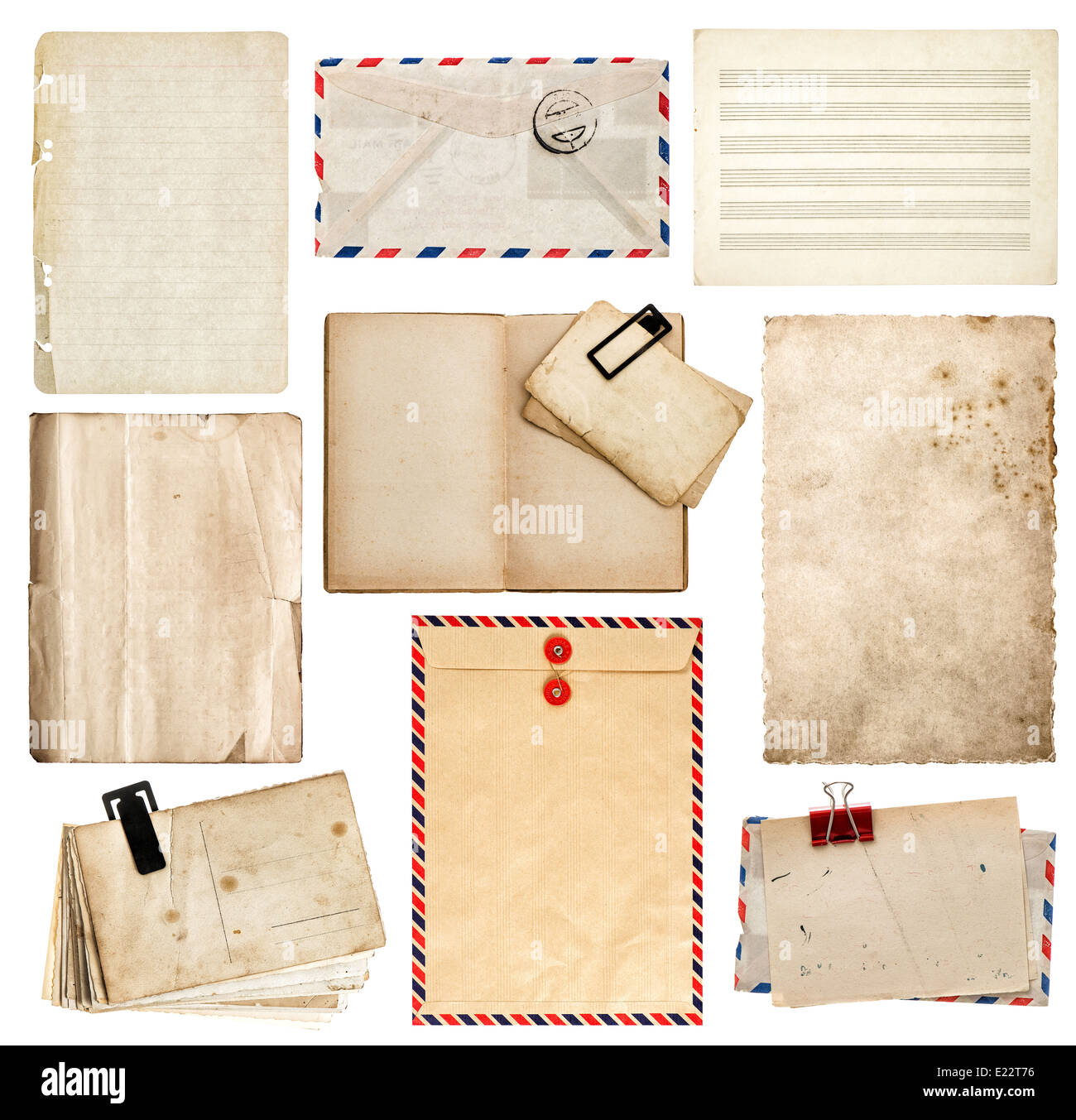 set of old paper sheets, book, envelope, card isolated on white ...