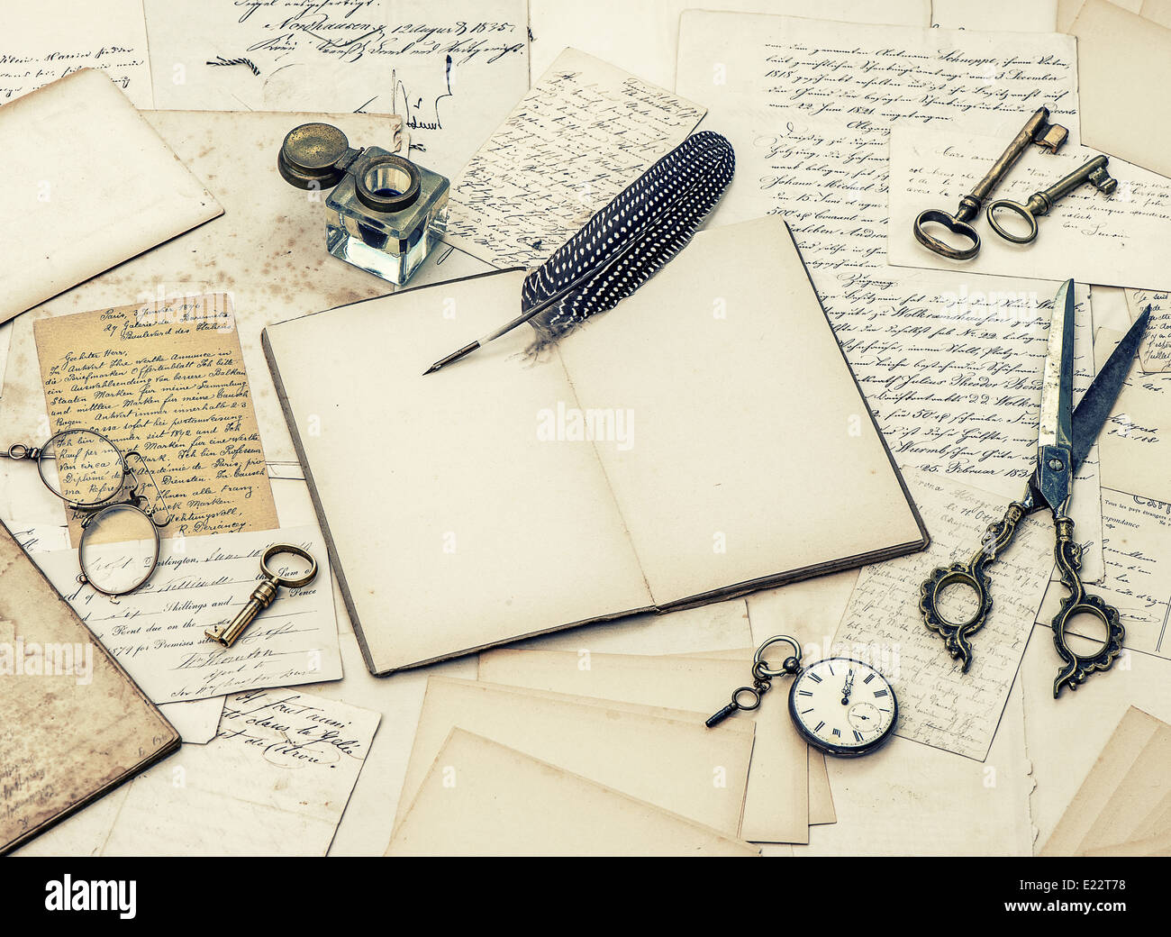 open diary book, antique accessories, old letters, inkwell and vintage ...