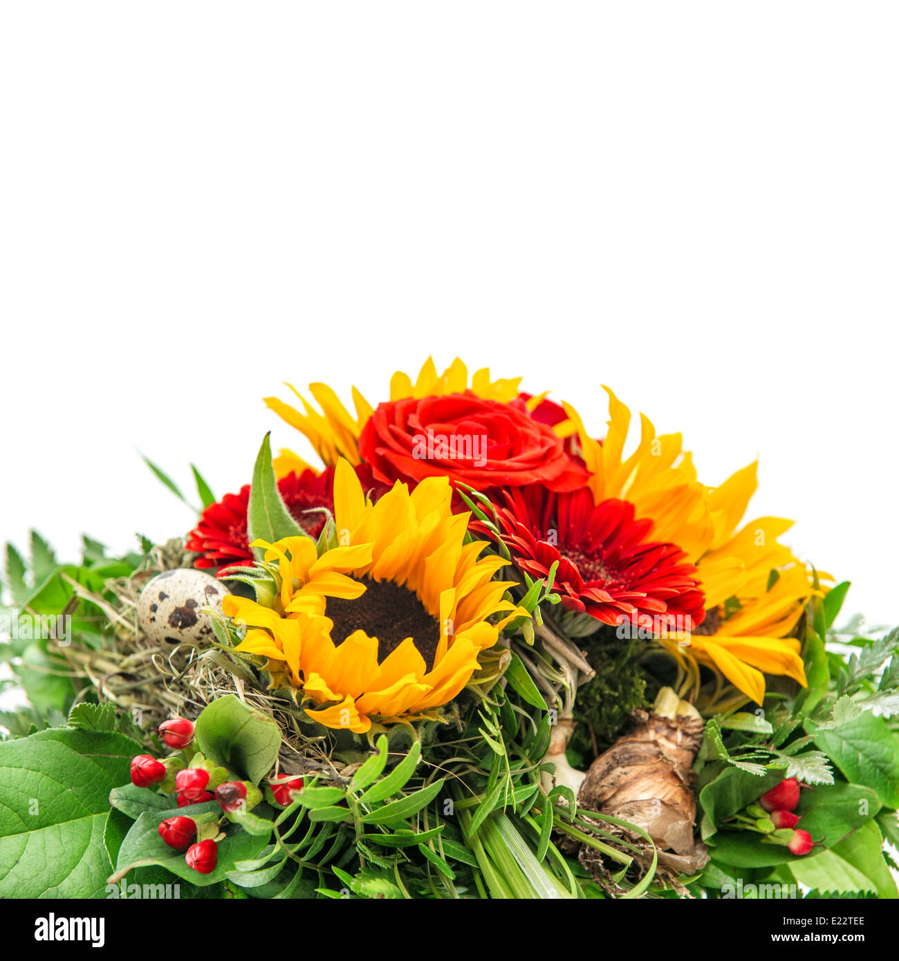 beautiful bouquet of colorful spring flowers. sunflower, roses, gerber ...