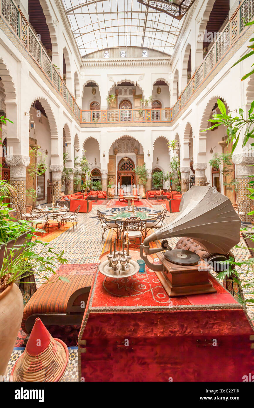 The cool, atmospheric courtyard at the beautiful Riad Dar el Ghalia, a ...