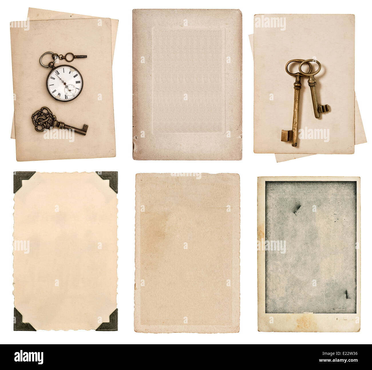 aged paper sheets and vintage photo cards isolated on white background ...
