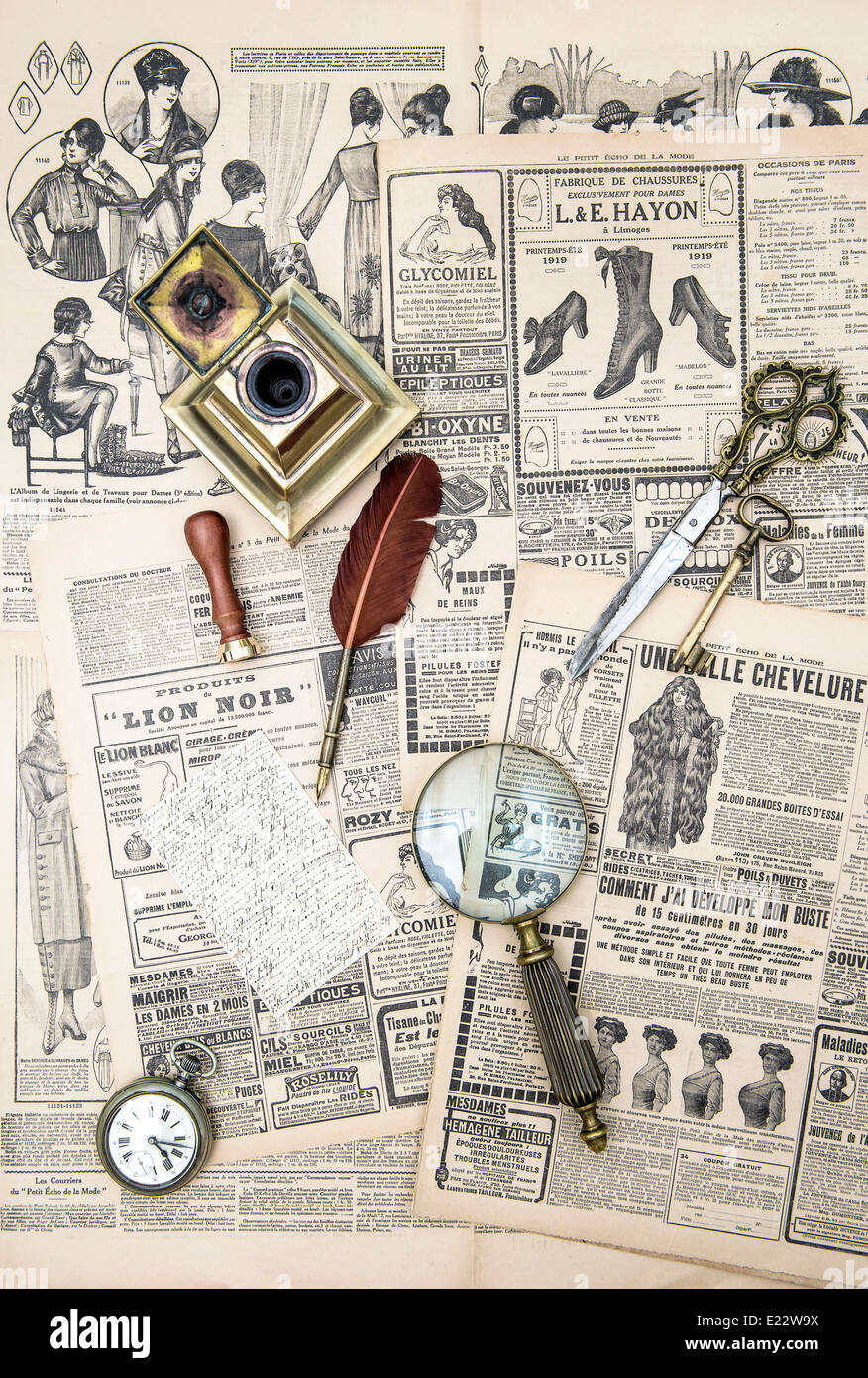 antique accessories, sewing and writing tools, vintage fashion magazine ...