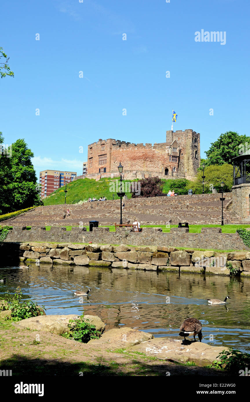 View of the Norman castle and gardens with the River Anker in the ...