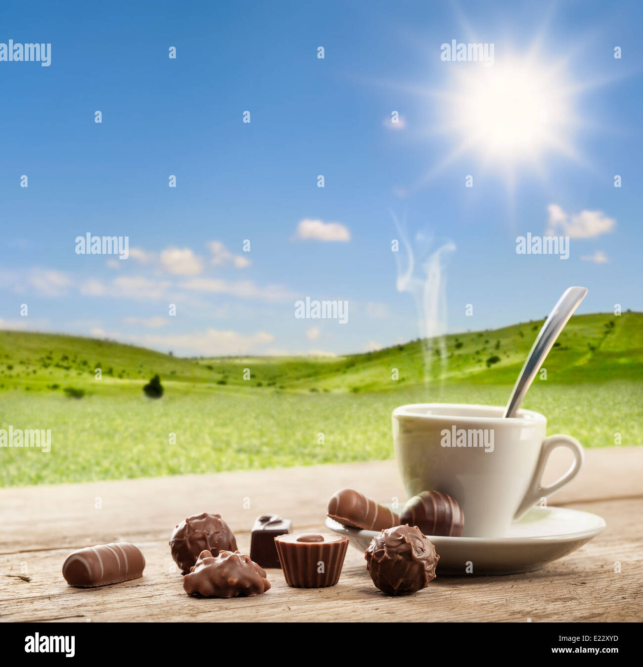 assorted chocolates confectionery with cup of coffee in sunny landscape ...
