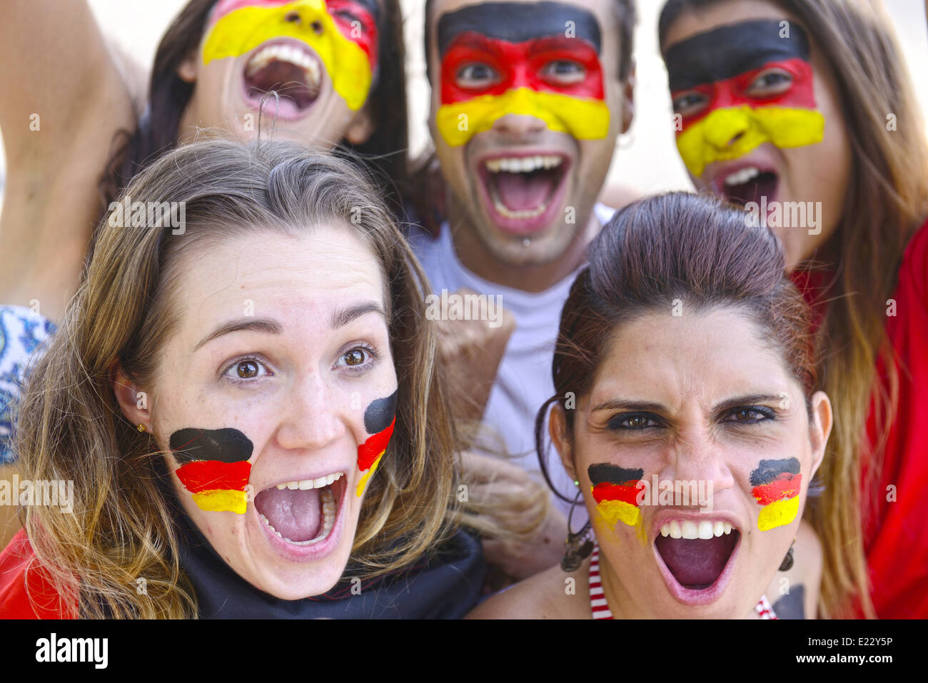 Group of happy german soccer fans commemorating victory yelling Stock ...