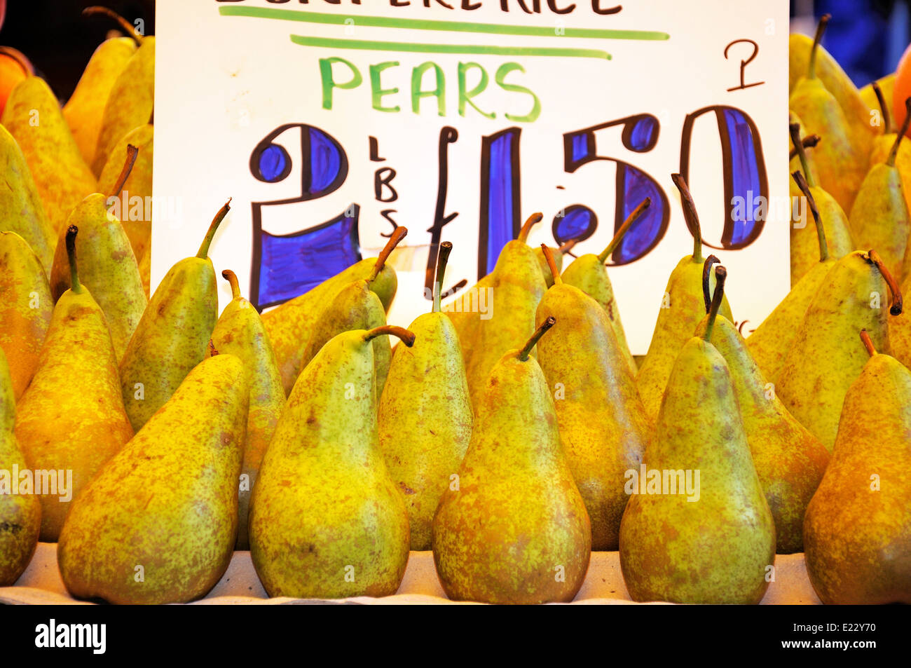 Pears for sale at the Saturday market, Tamworth, Staffordshire, England ...