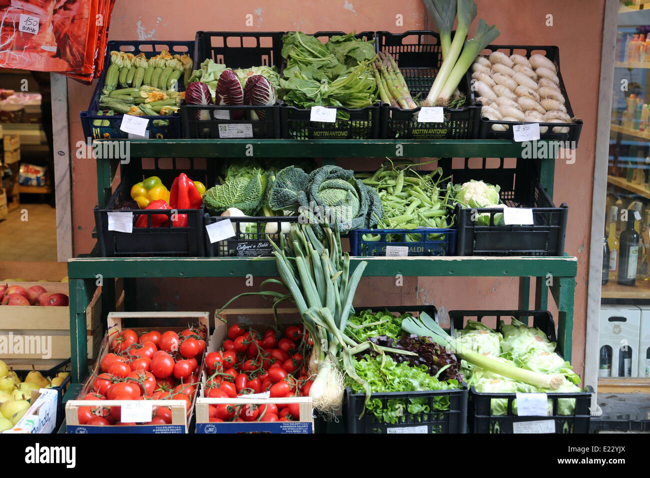 Typical Italian grocery store on village street in Riomaggiore, Cinque ...