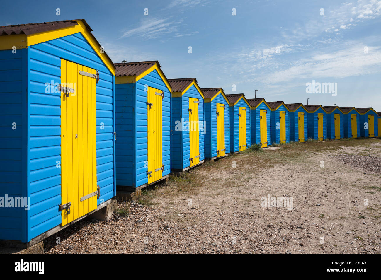 Beach huts on Littlehampton beach. Littlehampton, West Sussex, England ...