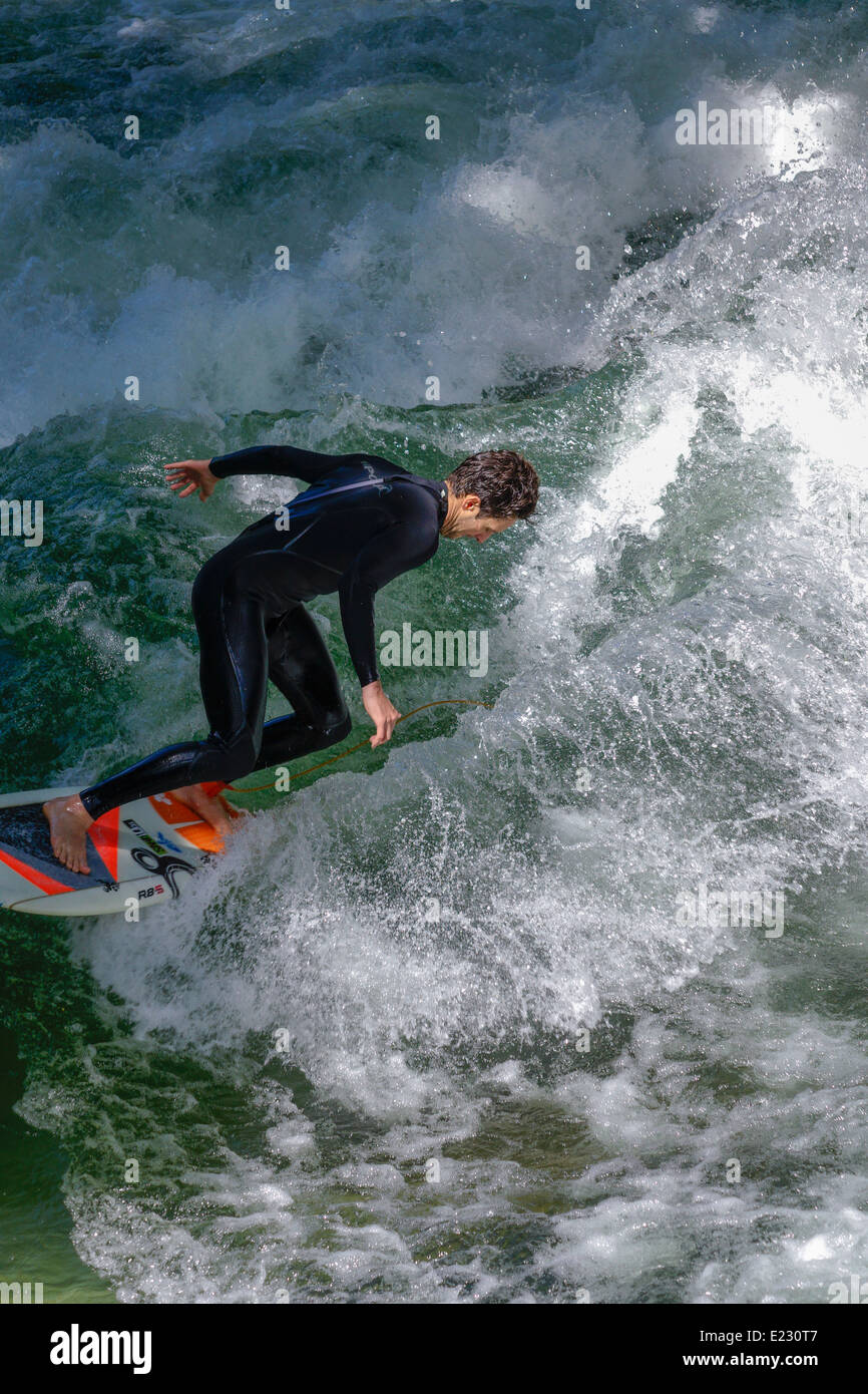 Surfer on the Eisbach-wave River Isar, English Garden, Munich, Upper ...