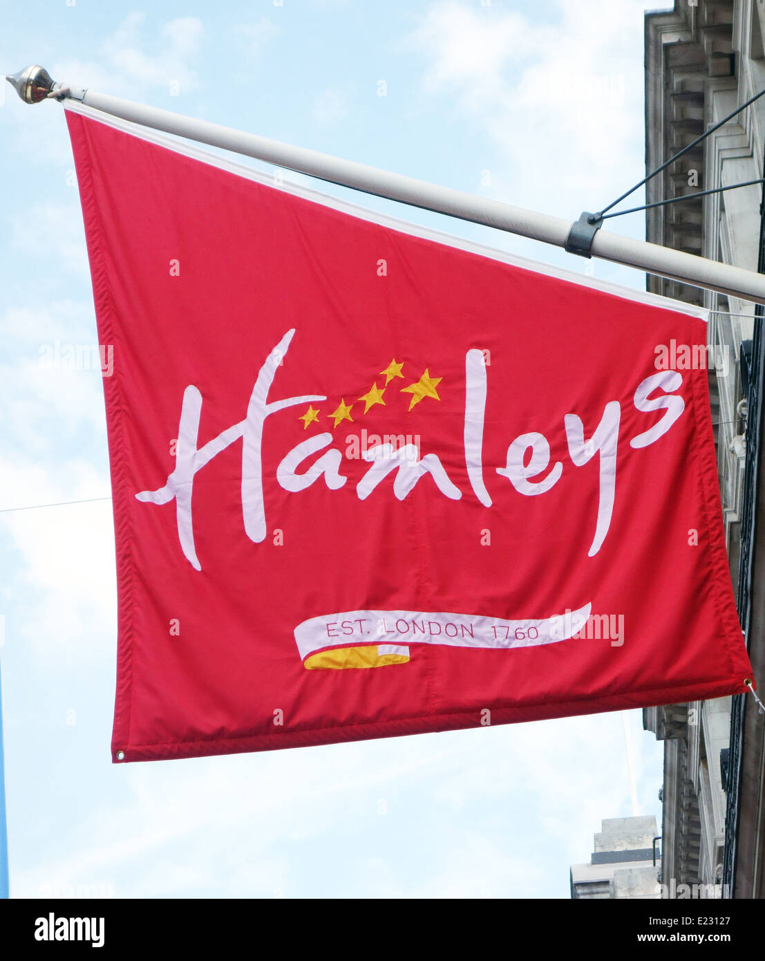 Banner outside Hamleys toy store in Regent Street, London Stock Photo ...