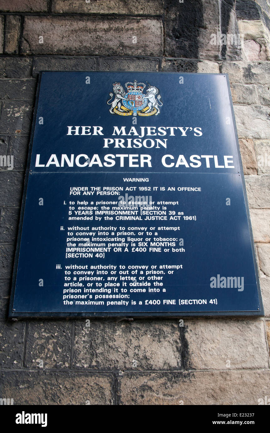 Sign at entrance to Her Majesty's Prison Lancaster Castle, Castle Park ...