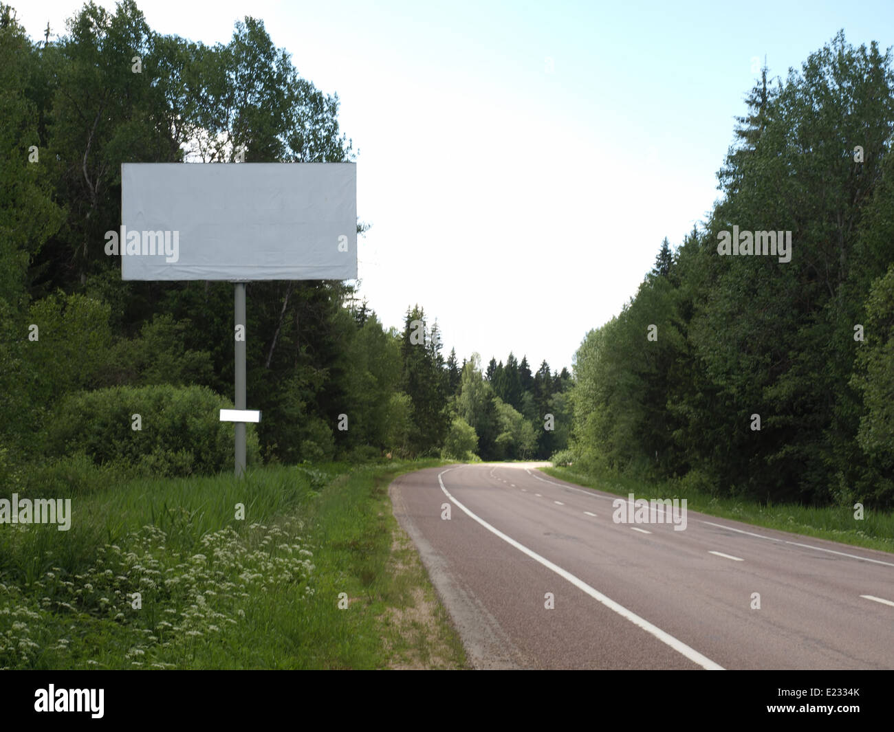 Blank billboard on empty road passing through the forest Stock Photo ...