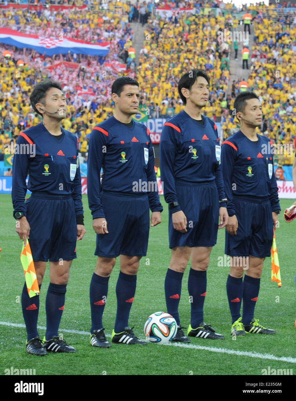 (L-R) Toshiyuki Nagi, Alireza Faghani, Yuichi Nishimura (Referee), Toru ...