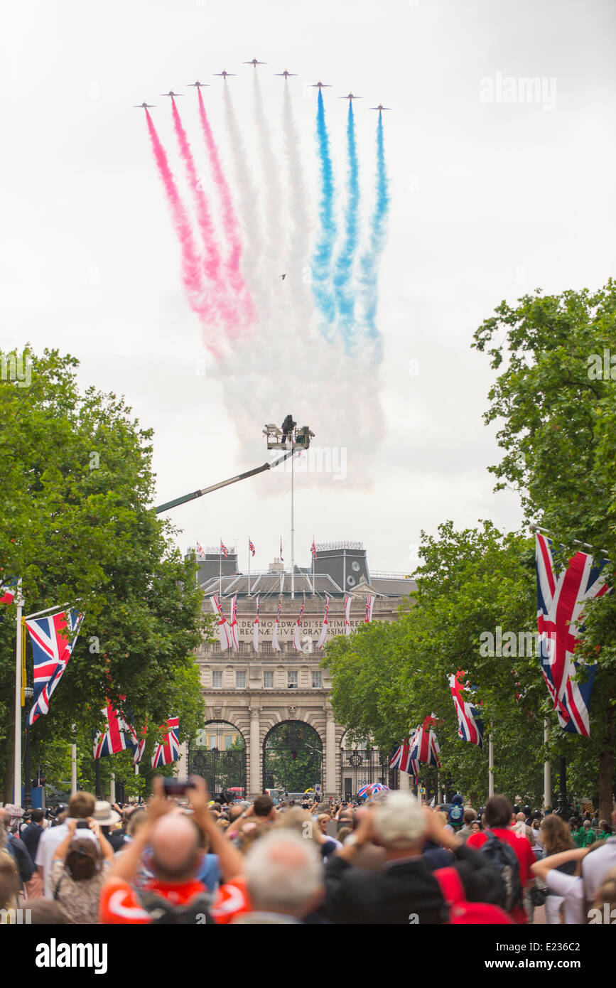 The Mall, London UK. 14th June 2014. The Red Arrows RAF Display Team ...