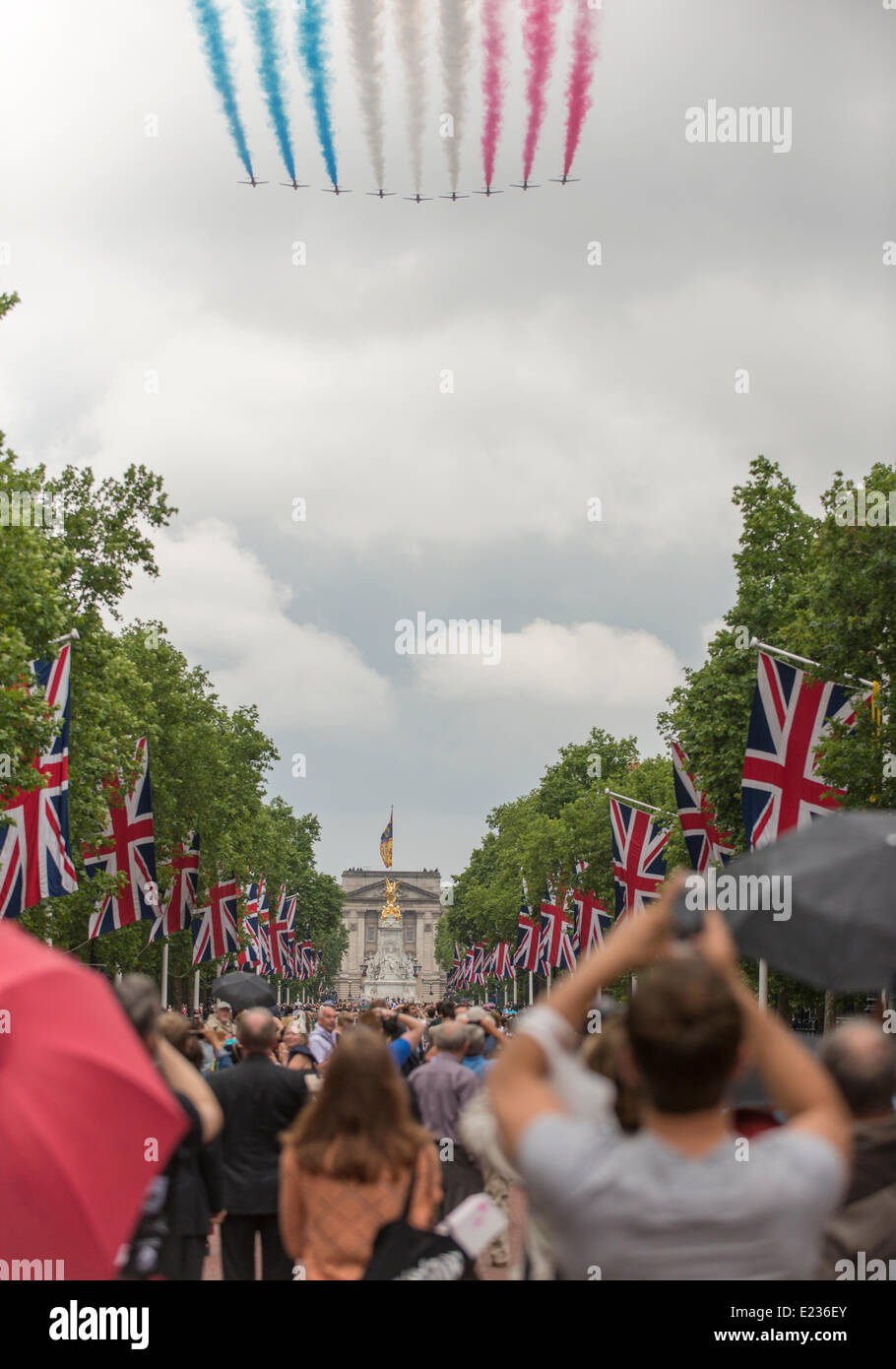 The Mall, London UK. 14th June 2014. The Red Arrows RAF Display Team ...