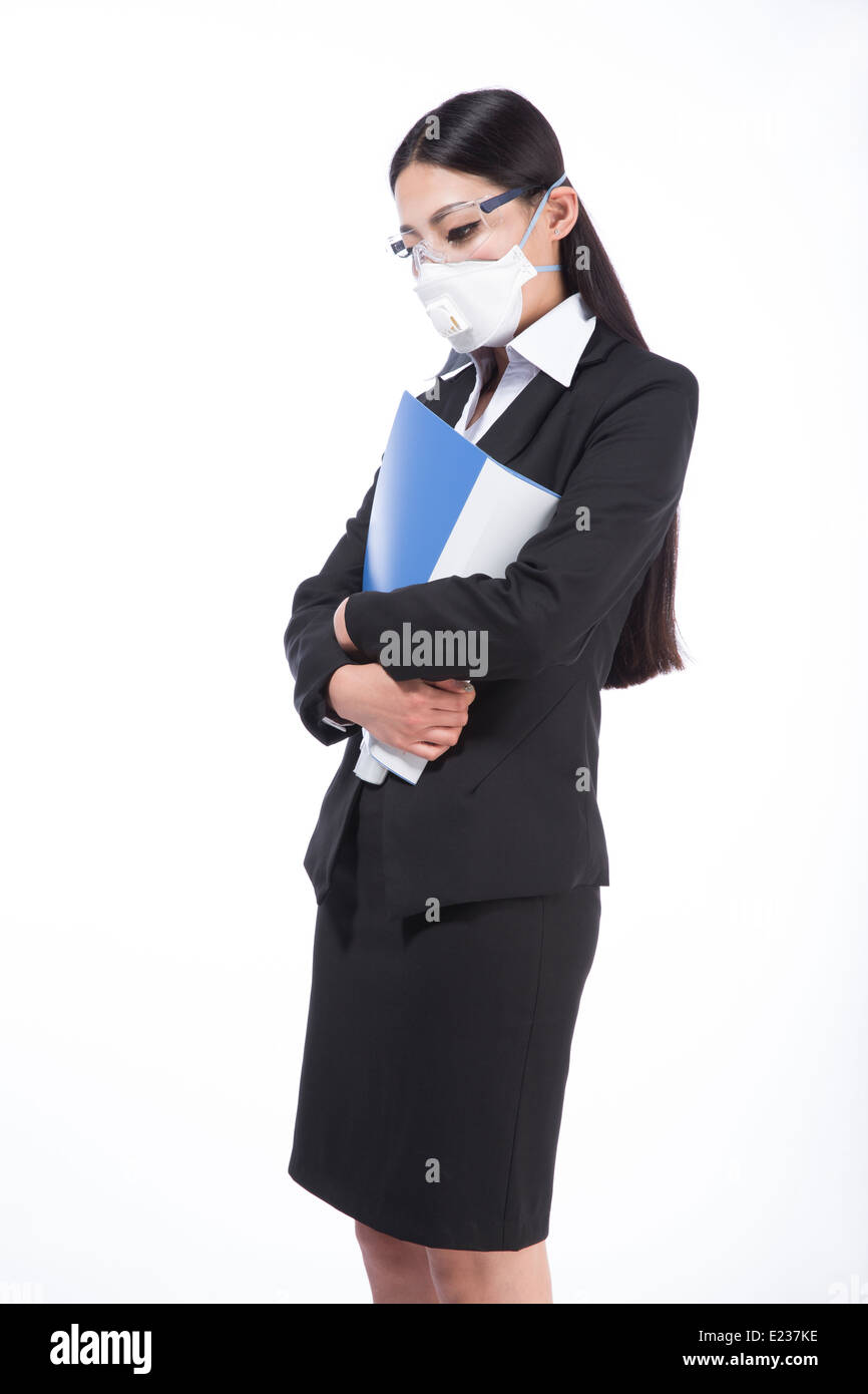 black hair girl with a mask on her face. Isolated on white Stock Photo ...